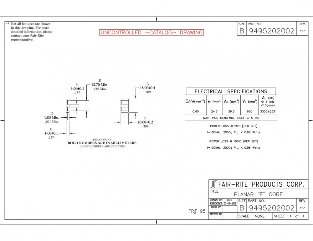 Fair-Rite 9495202002 Planar E Core drawing