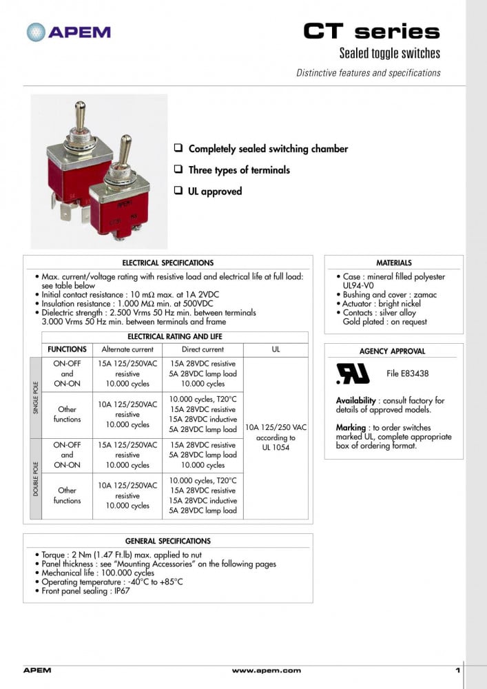 APEM CT series datasheet page 1