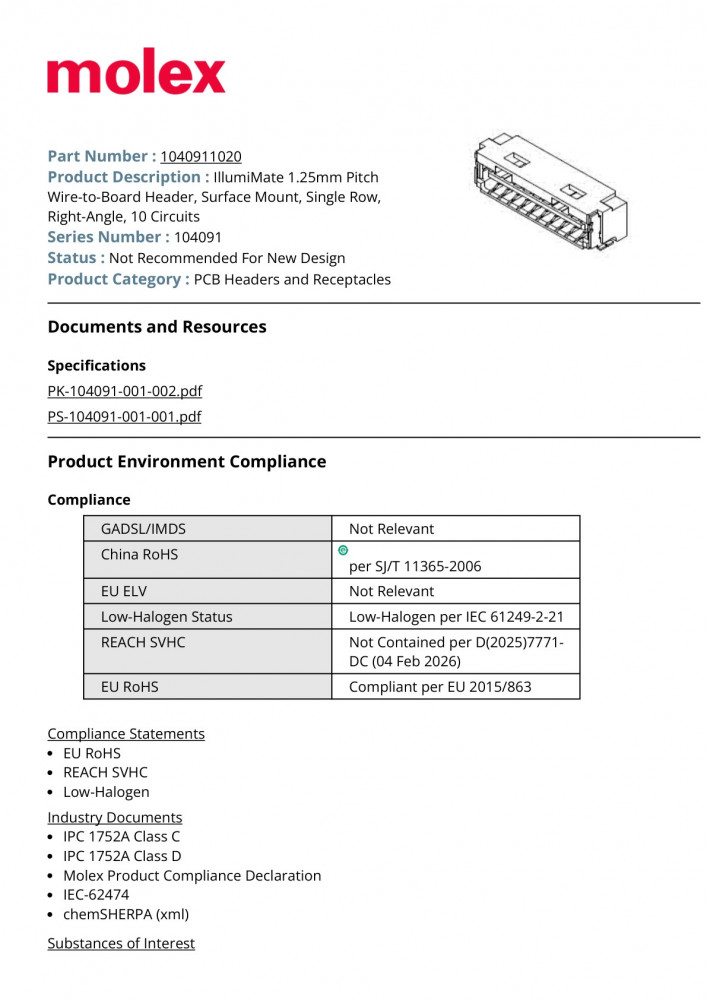 Molex connector specification preview, page 1