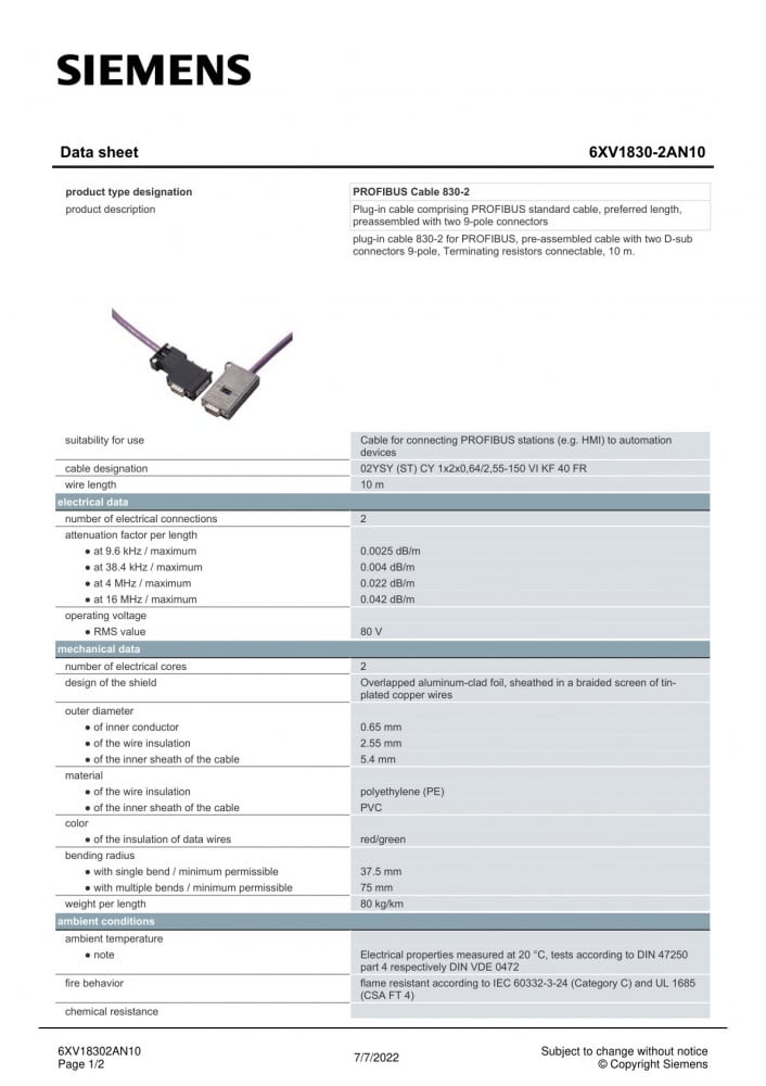 SIEMENS 6XV18302AN10 datasheet page 1