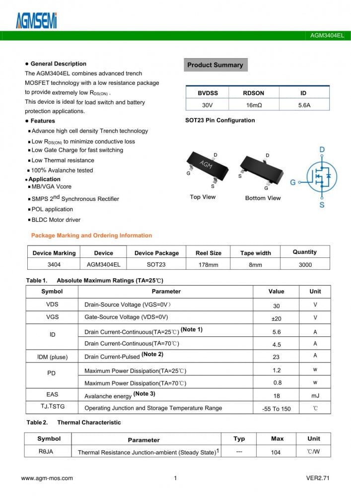 AGM3404EL datasheet page 1