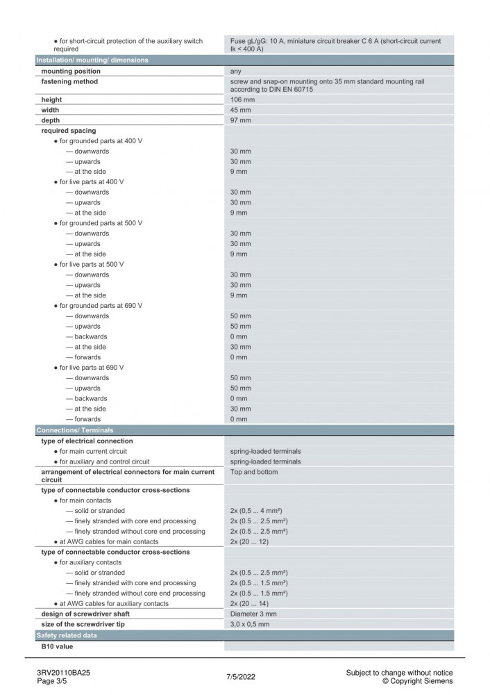 3RV20110BA25 datasheet page 3
