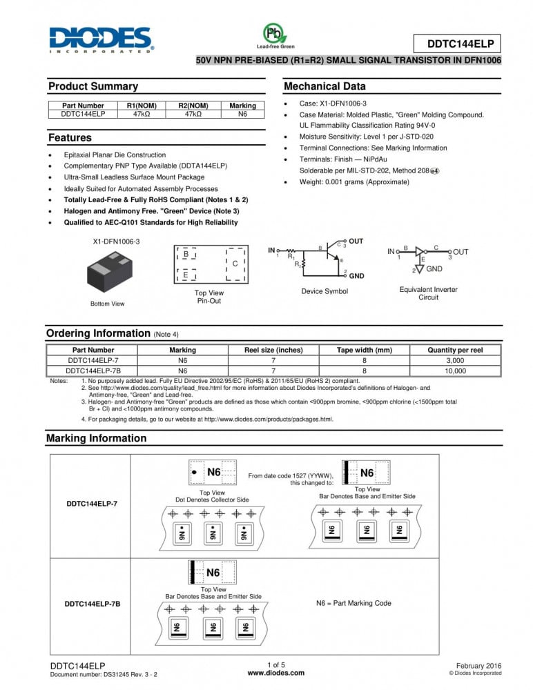 DDTC144ELP-7 datasheet page 1