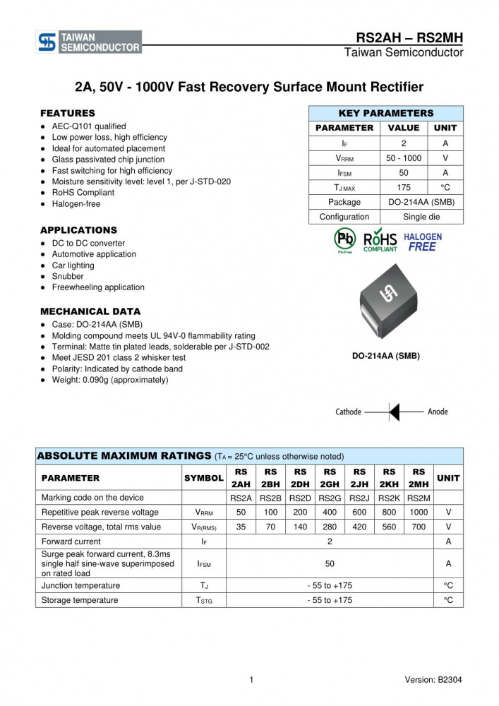 RS2BH datasheet page 1