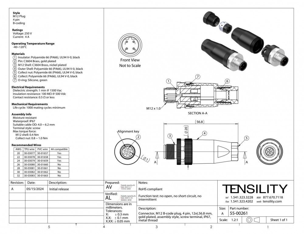 55-00261 M12 B-coded 4-pin connector technical drawing