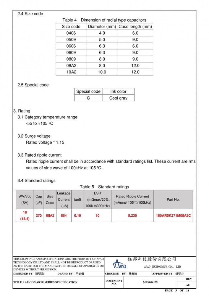 APAQ AR5K specification page 2