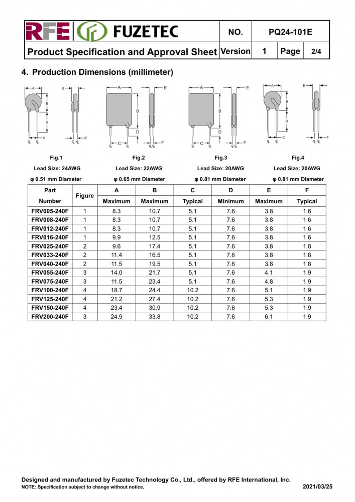 FRV Series specification sheet page 2