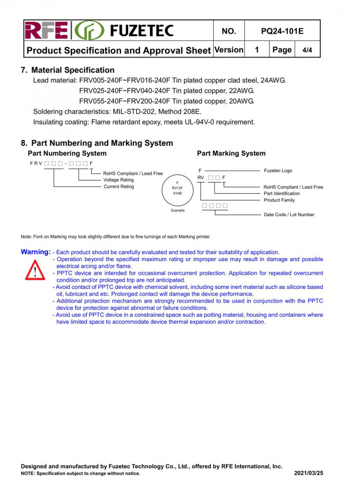 FRV Series specification sheet page 4