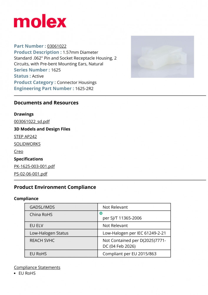 MOLEX connector product specification, page 1