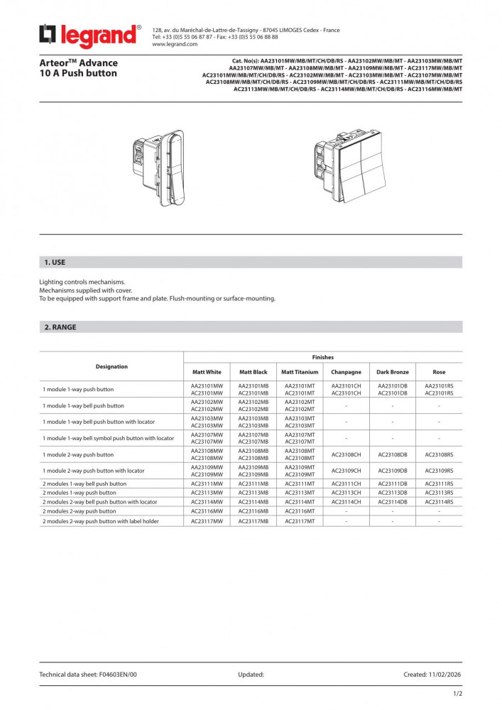 Legrand Arteor Advance technical document page 1