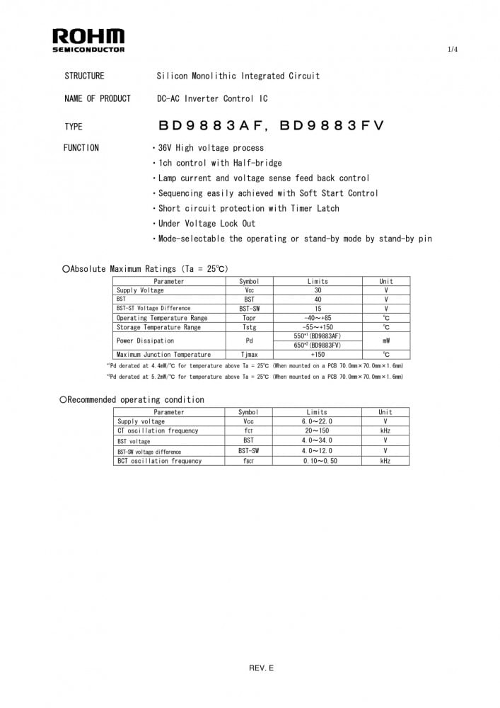 BD9883AF-E2 technical document page 1