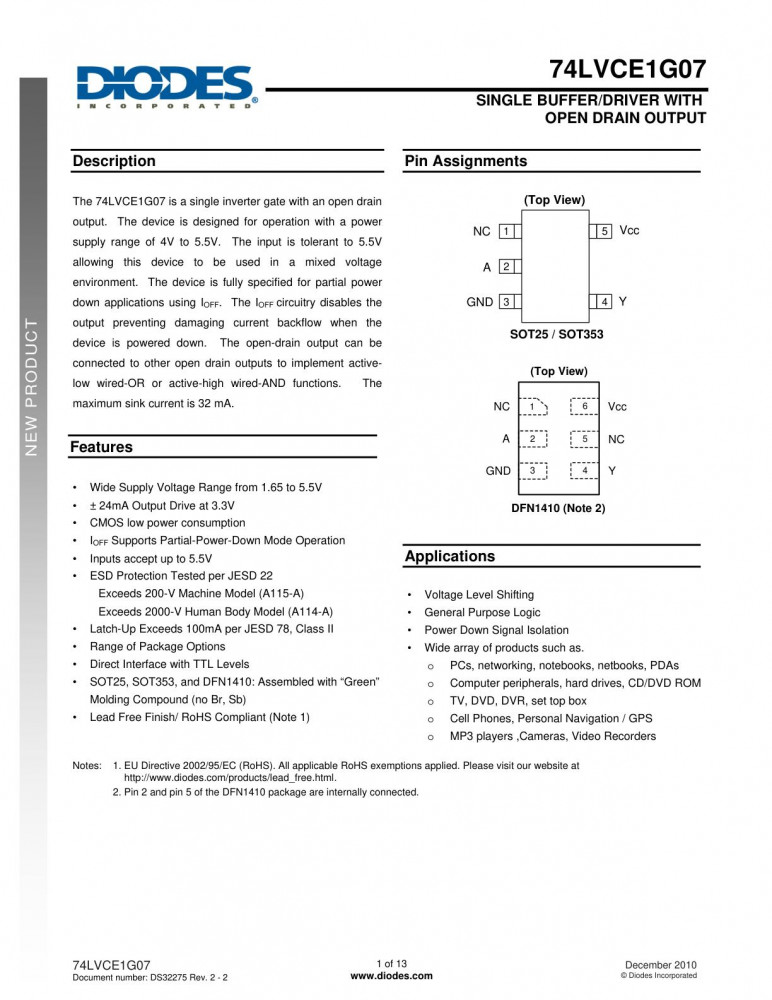 74LVCE1G07SE-7 datasheet page 1