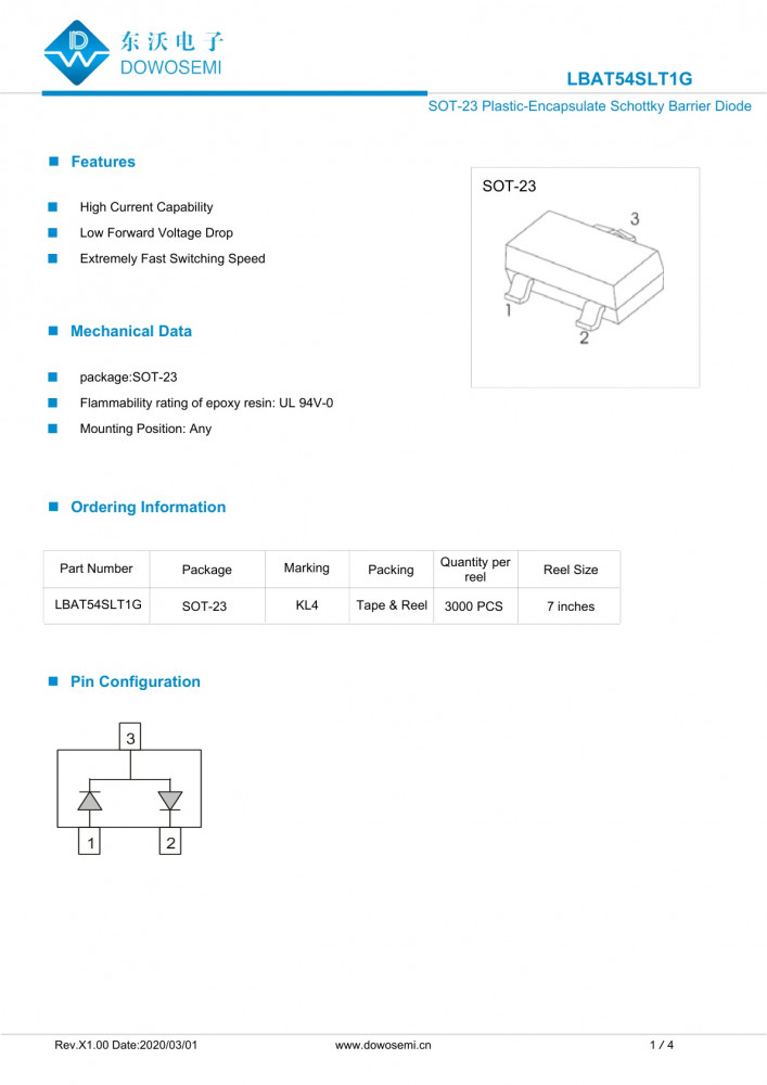 LBAT54SLT1G datasheet page 1