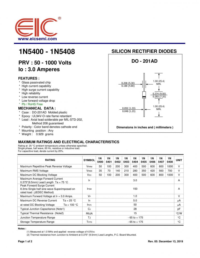 EIC 1N5400BULK datasheet page 1