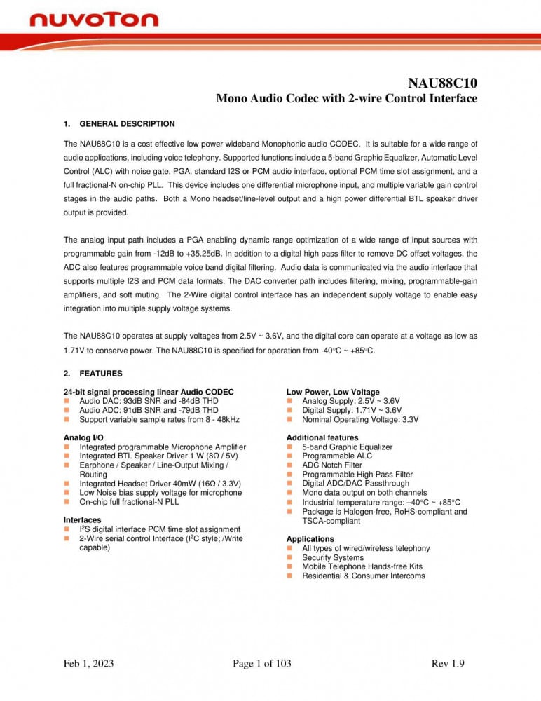 NAU88C10YG datasheet page 1