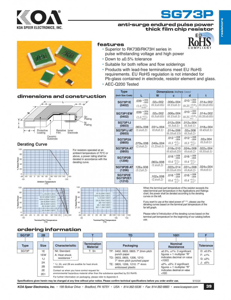 KOA SG73P series technical document page 1