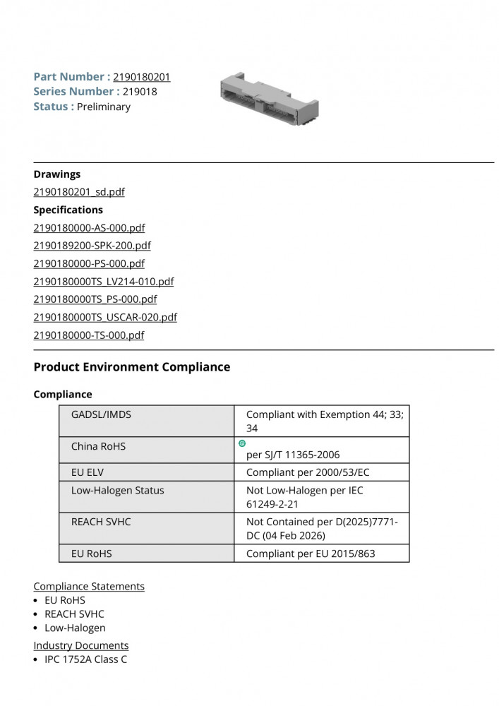 MOLEX 2190180201 product drawing preview, page 1
