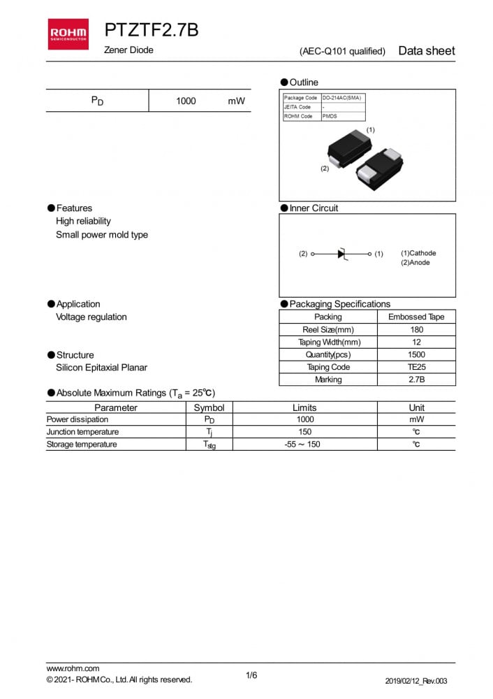 ROHM PTZTFTE252.7B datasheet page 1