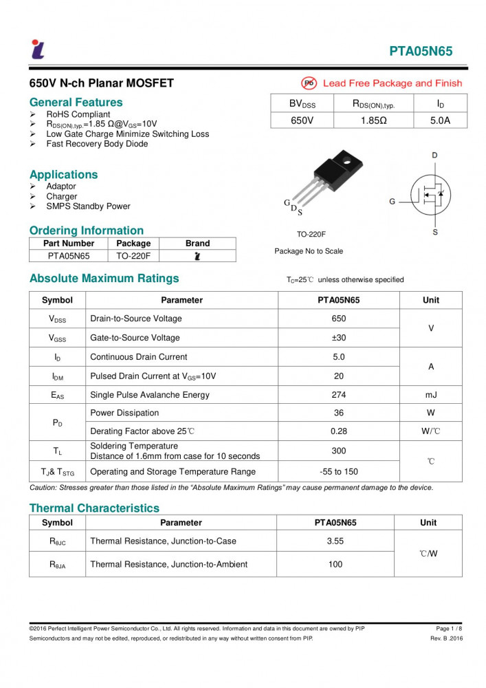 PTA05N65 datasheet page 1