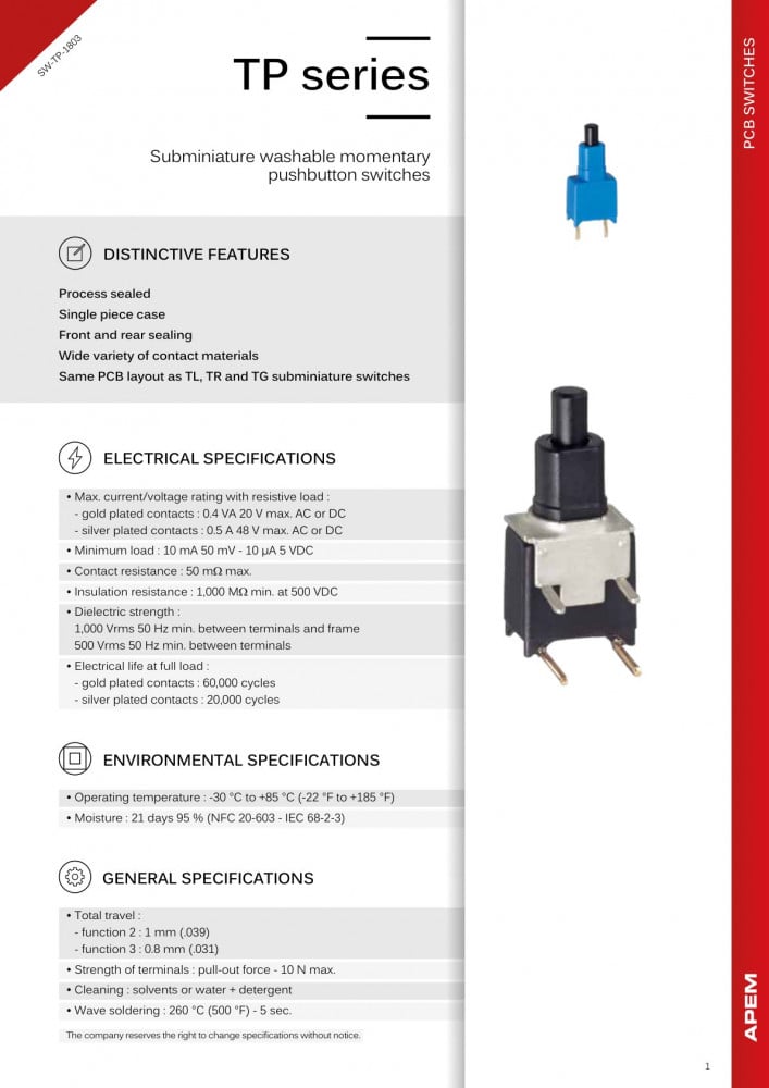 APEM TP series datasheet page 1