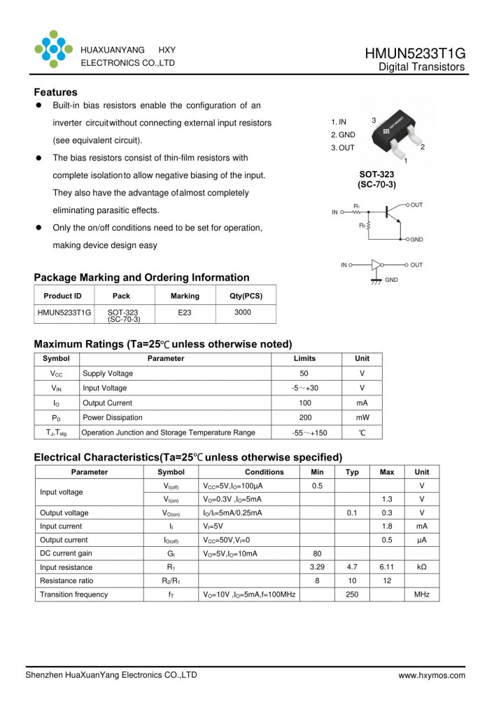 HMUN5233T1G datasheet page 1