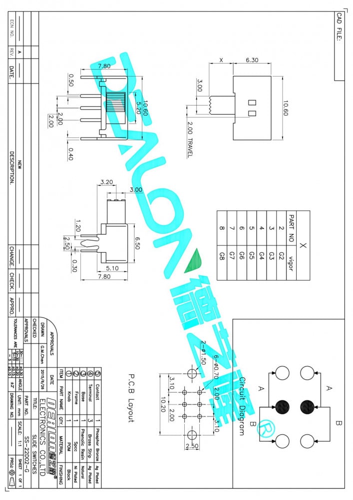 SK-22D02-G3 slide switch technical drawing