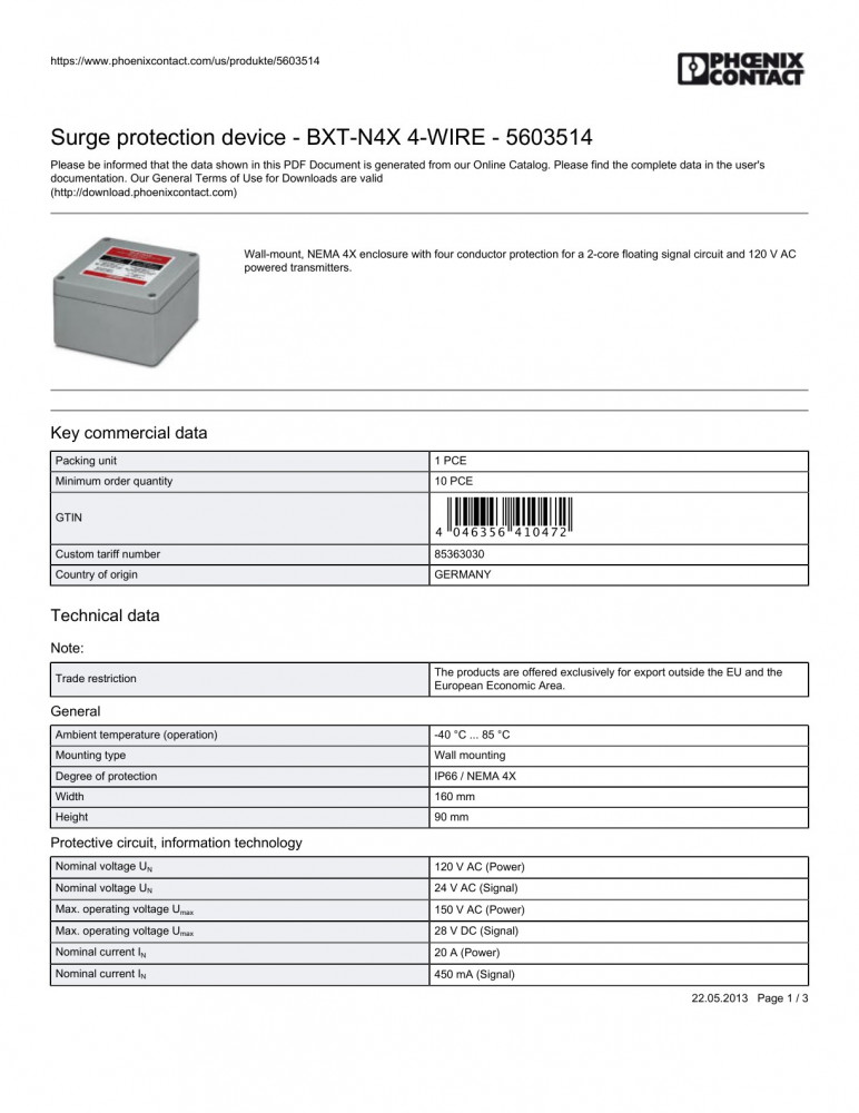 Phoenix Contact 5603514 product document page 1