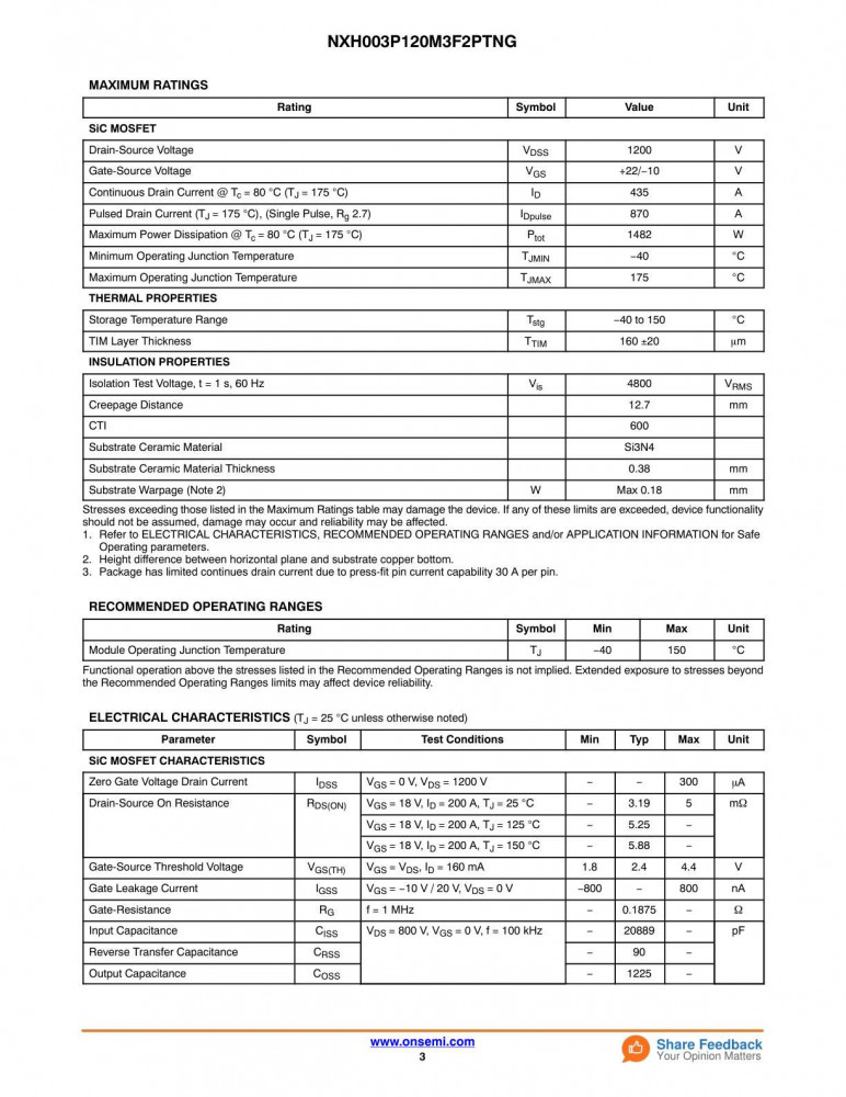 NXH003P120M3F2PTNG datasheet page 3