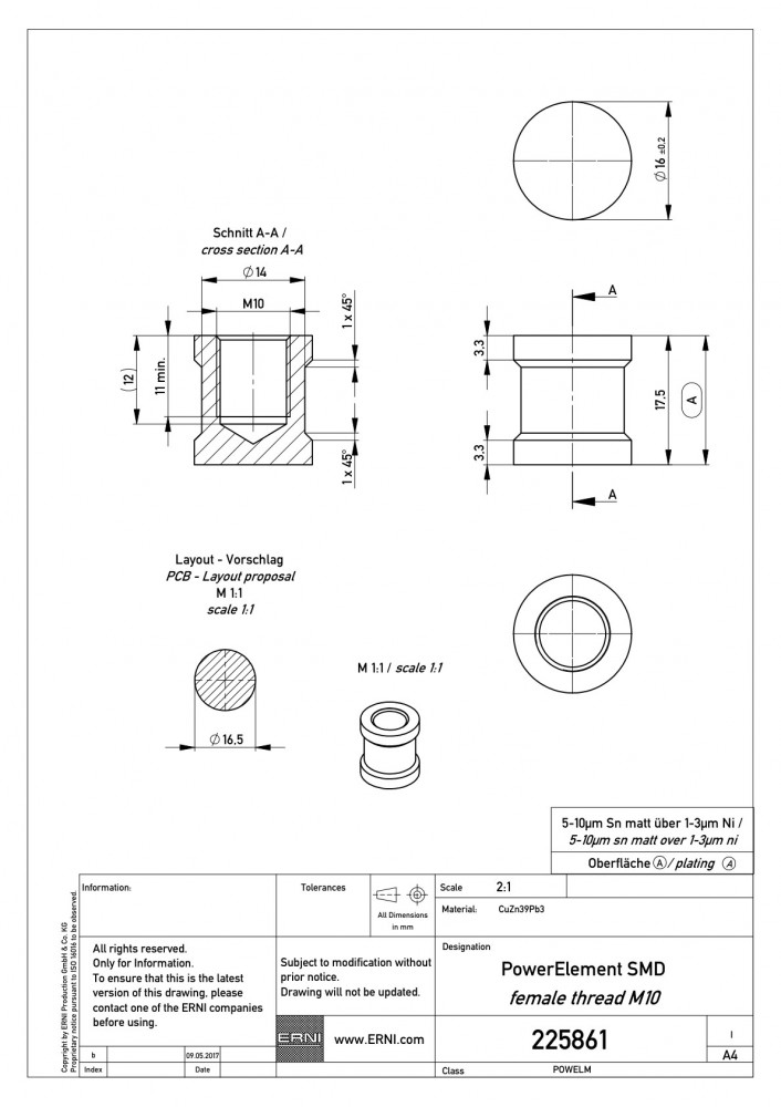 TE Connectivity ERNI 225861 power element drawing preview