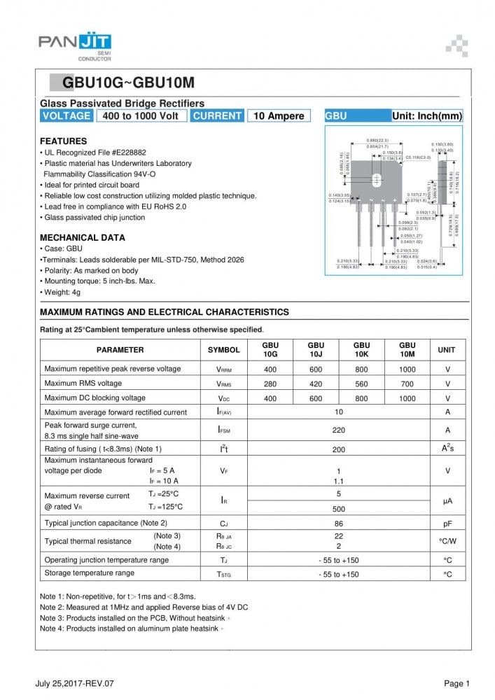 PANJIT GBU10K datasheet page 1
