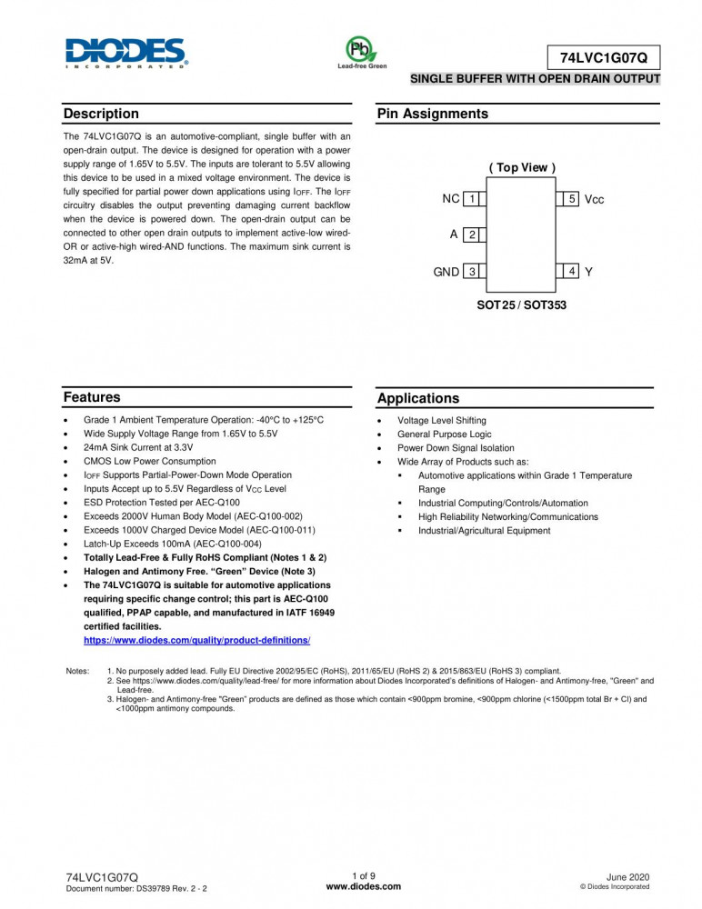 74LVC1G07QSE-7 datasheet page 1