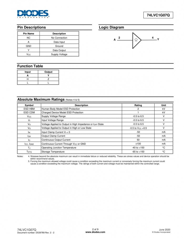 74LVC1G07QSE-7 datasheet page 2