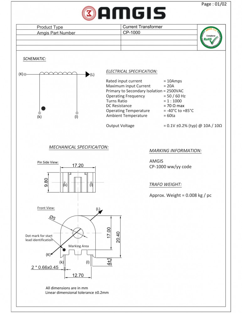 Amgis CP-1000 current transformer document page 1