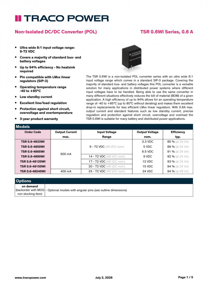 TSR 0.6WI technical document, page 1