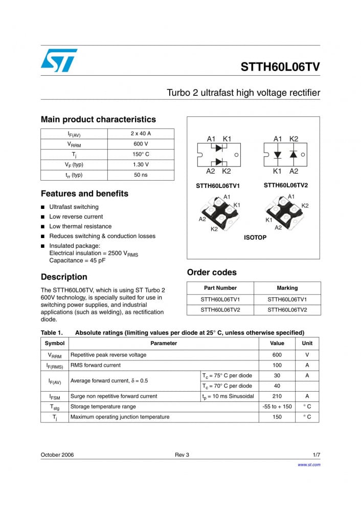 STTH60L06TV1 datasheet page 1