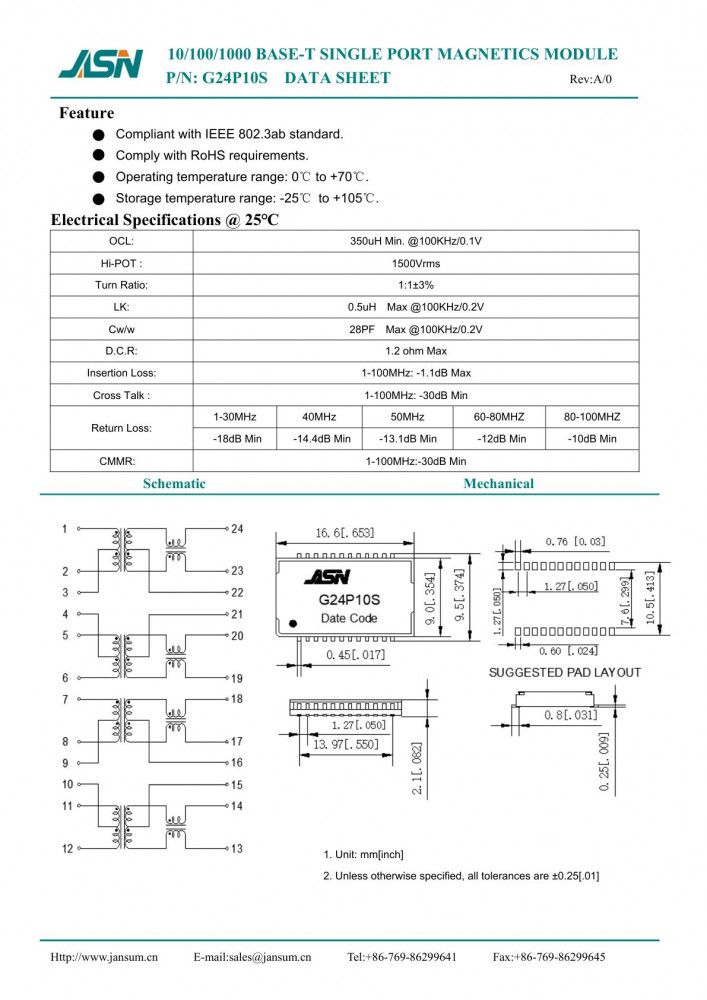 JASN G24P10S schematic and mechanical drawing