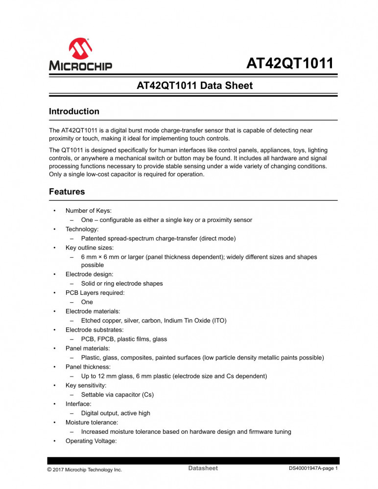 AT42QT1011 datasheet page 1