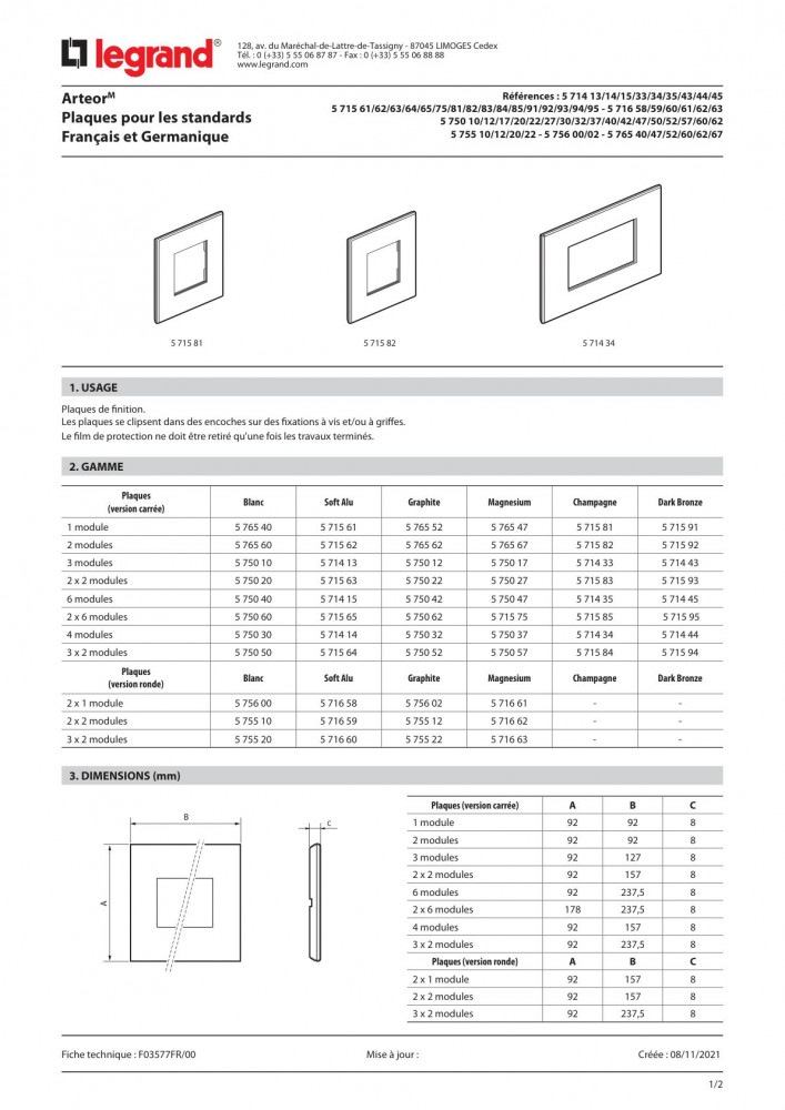 Legrand ArteorM technical document, page 1