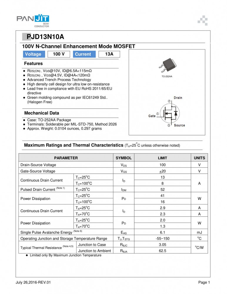 PJD13N10A datasheet page 1