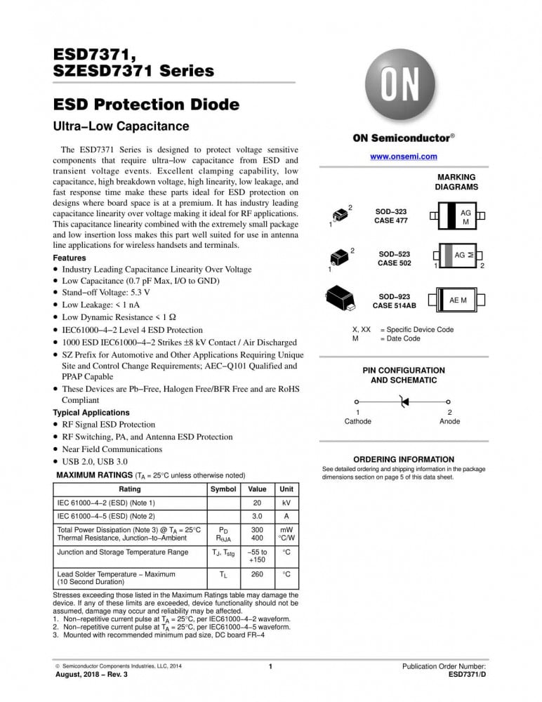 ESD7371P2T5G datasheet page 1