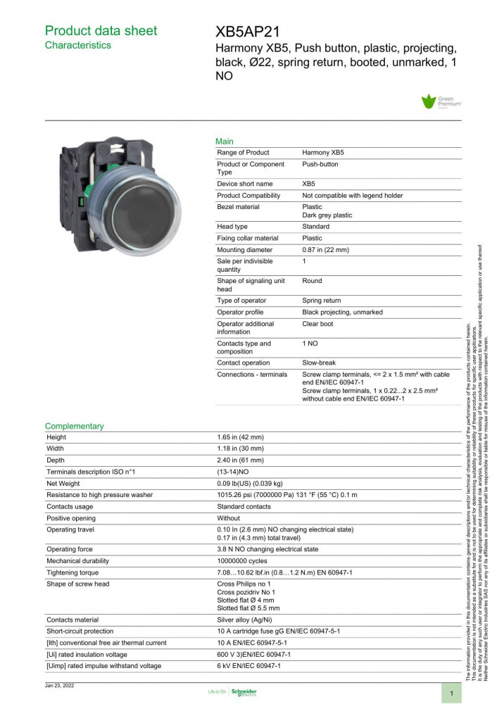 XB5AP21 technical document page 1