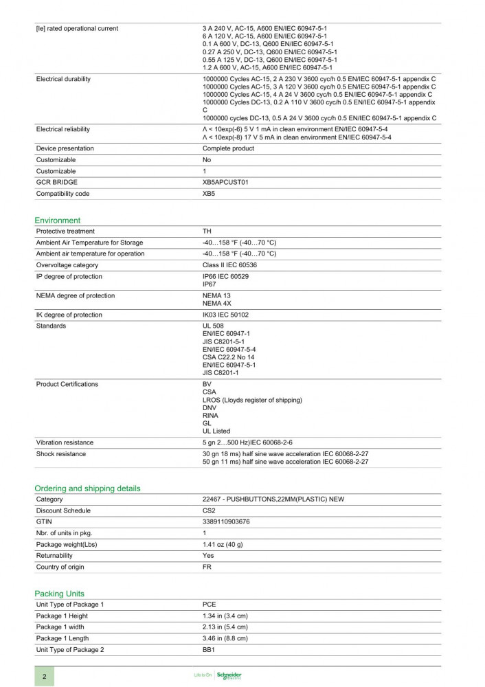 XB5AP21 technical document page 2