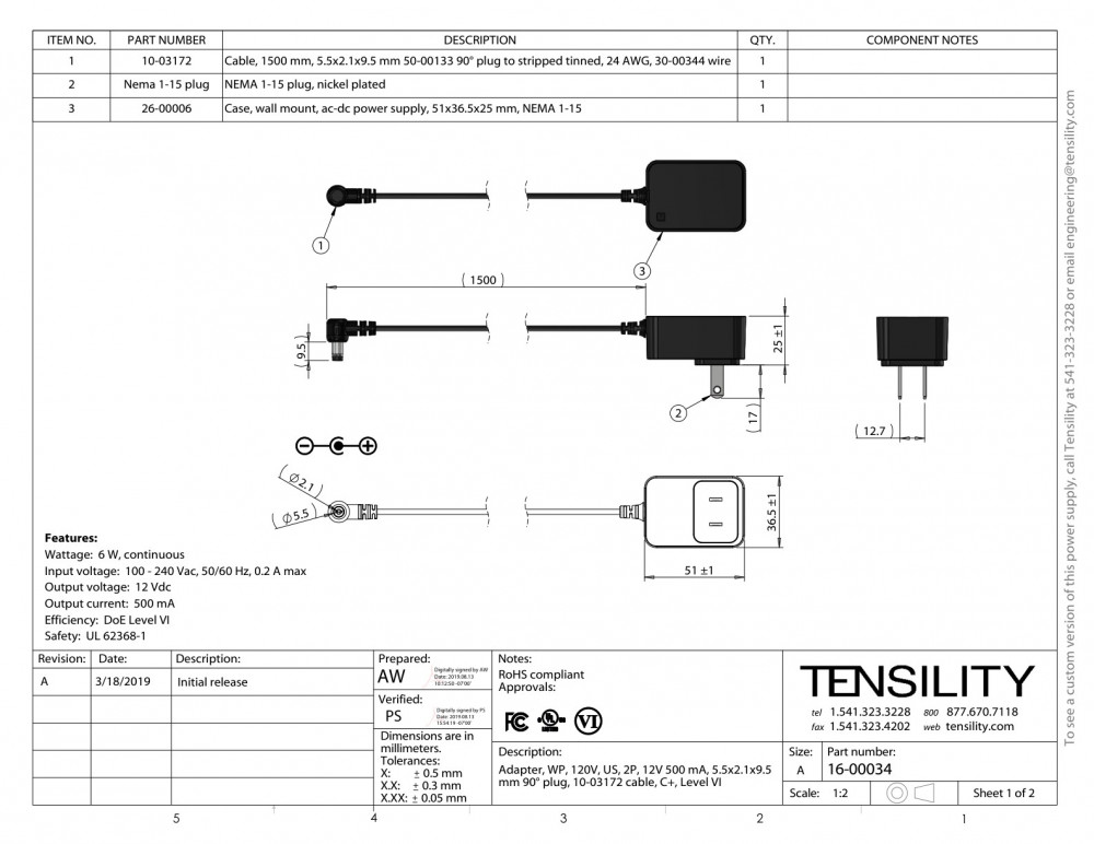 Tensility International 16-00034 technical drawing and product configuration, page 1