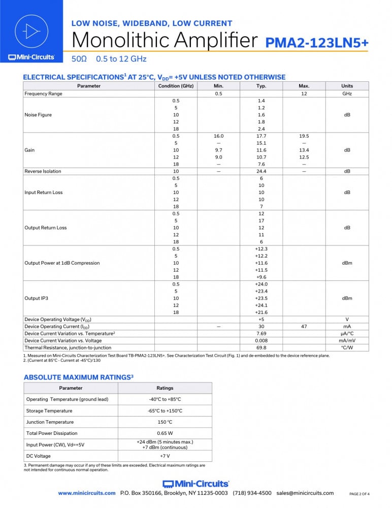 PMA2-123LN5+ technical document page 2