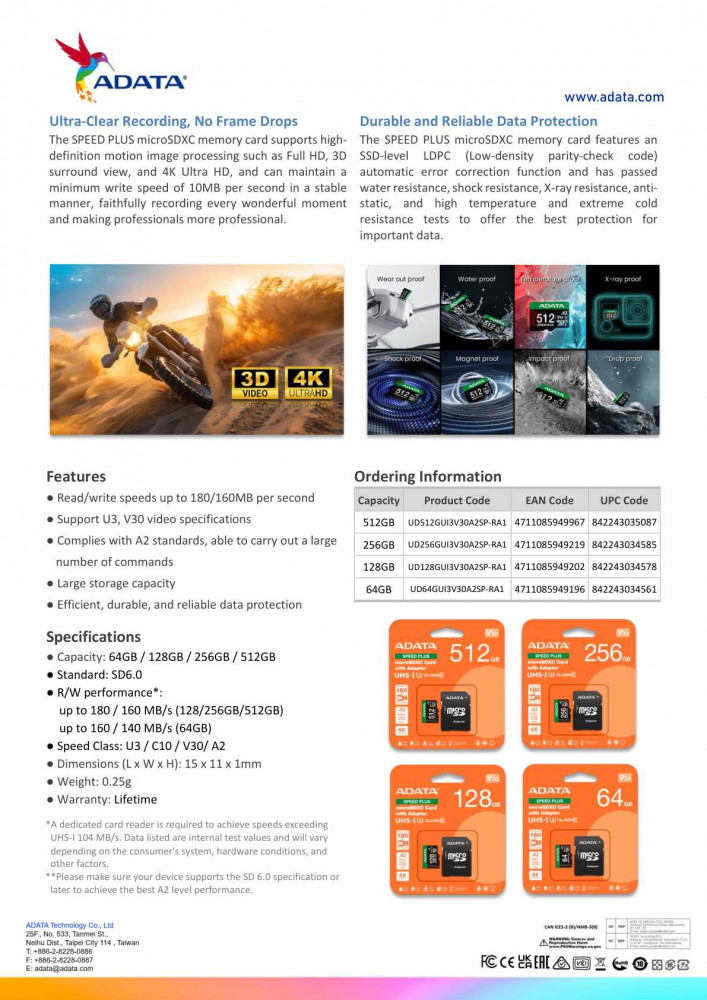 ADATA SPEED PLUS microSDXC product documentation page 2