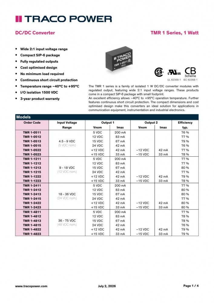 TMR 1 series technical document, page 1