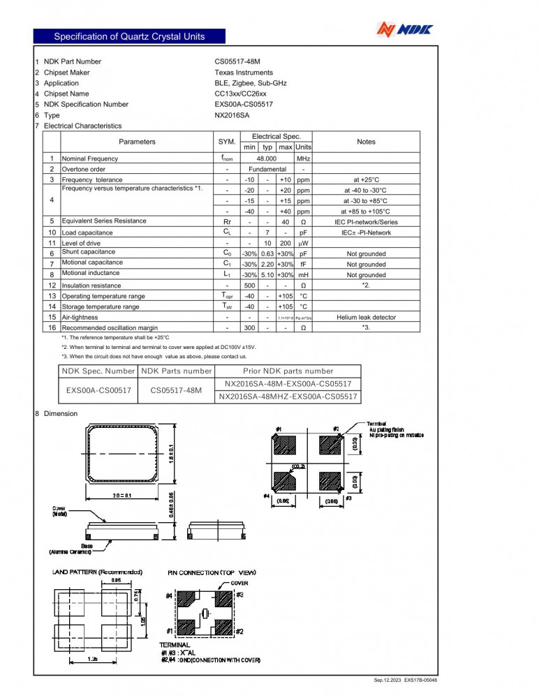 NDK NX2016SA-48MHZ-EXS00A-CS05517 technical document
