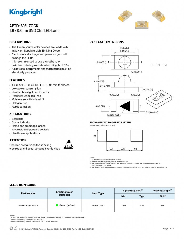APTD1608LZGCK datasheet page 1