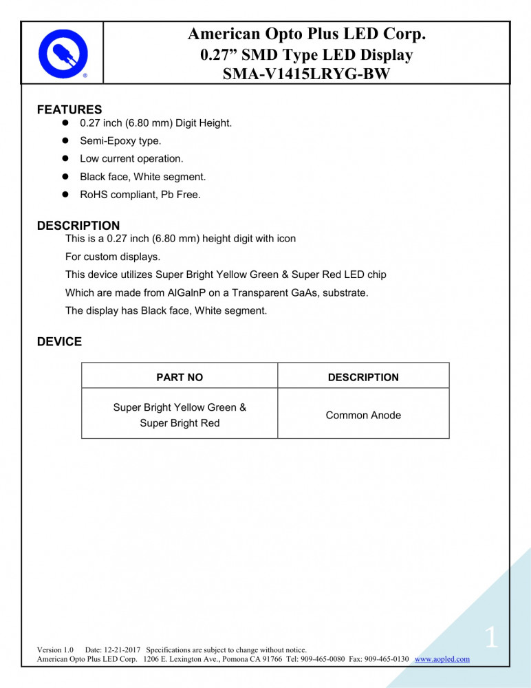 SMA-V1415LRYG-BW datasheet page 1