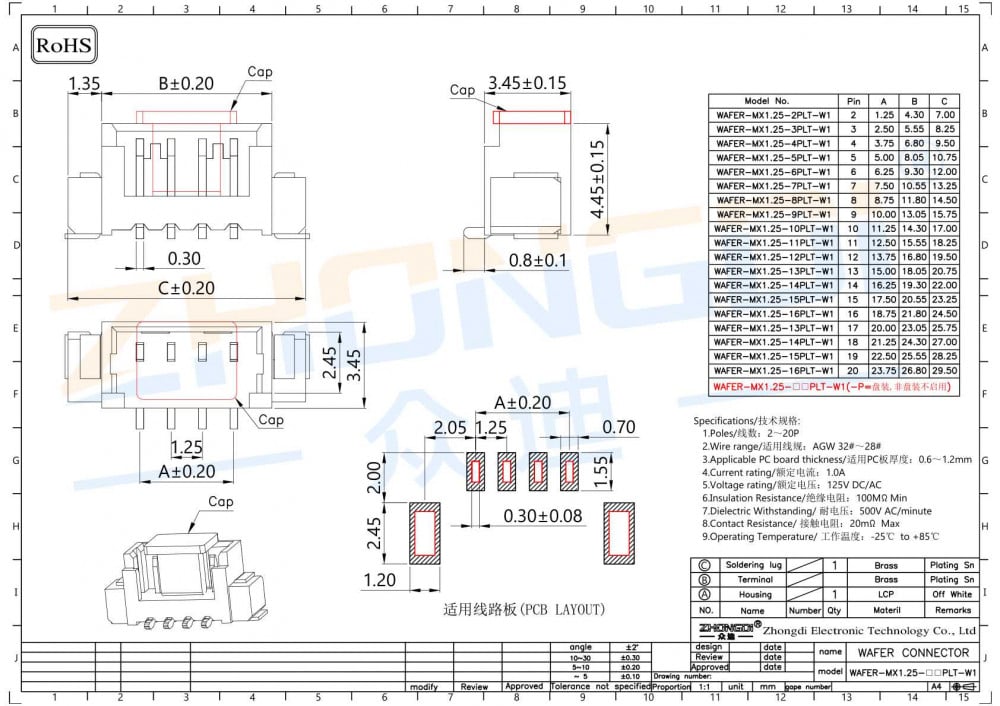 Zhongdi WAFER connector technical drawing page 1